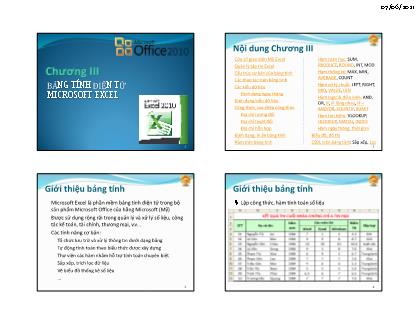Bài giảng Tin học đại cương - Chương III: Bảng tính điện tử microsoft excel